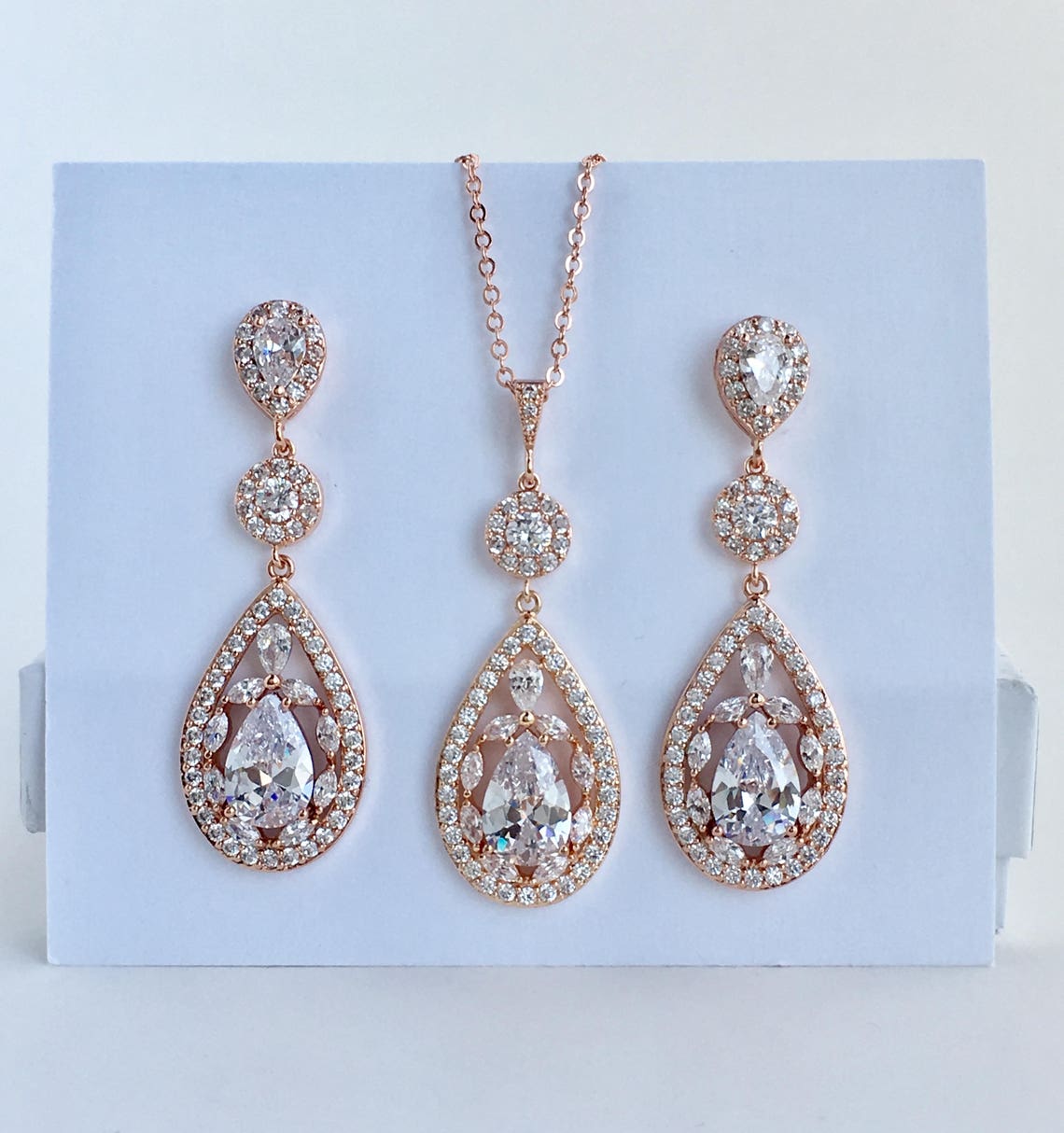 Rose Gold Crystal Set Long Rose Gold Teardrop Jewelry Set Rose | Etsy