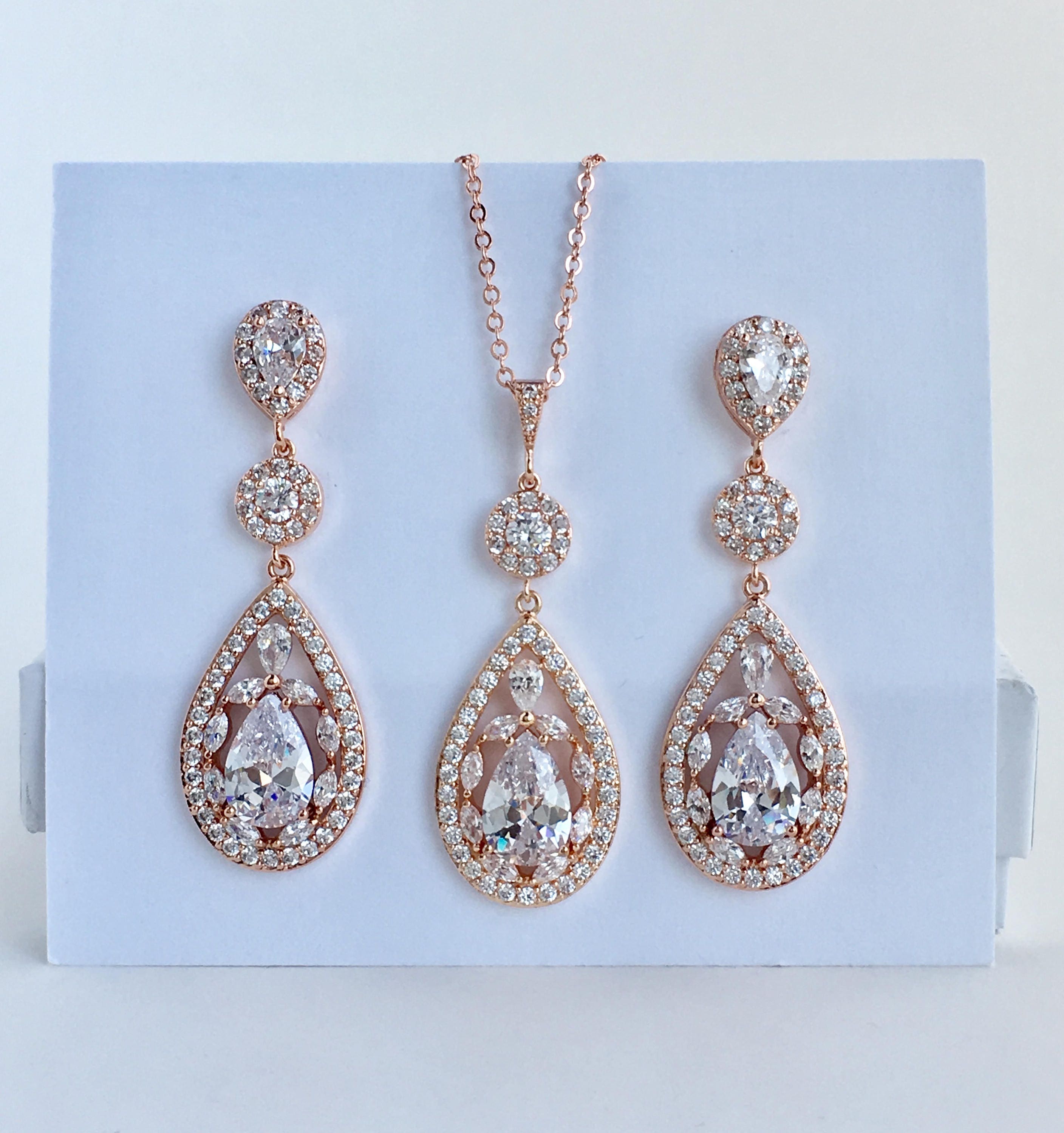 Rose Gold Crystal Set Long Rose Gold Teardrop Jewelry Set Rose Gold ...