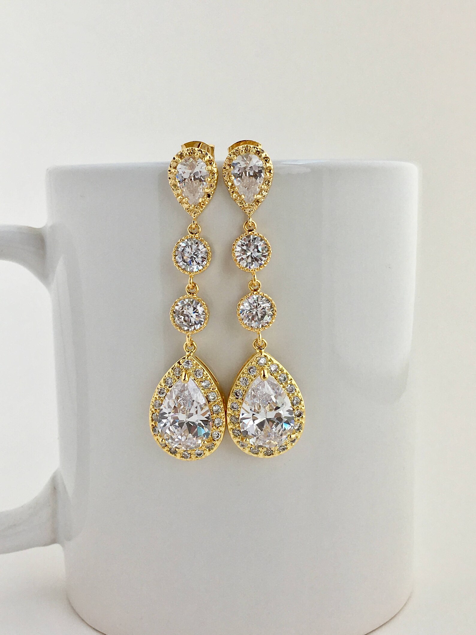 Long Gold Bridal Jewelry Set Long Gold Cubic Zirconia Set Long - Etsy