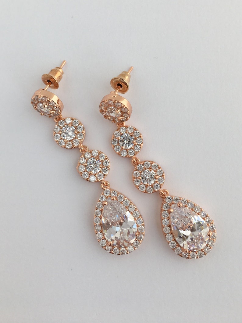 Rose Gold Cubic Zirconia Earrings Long Rose Gold Crystal | Etsy