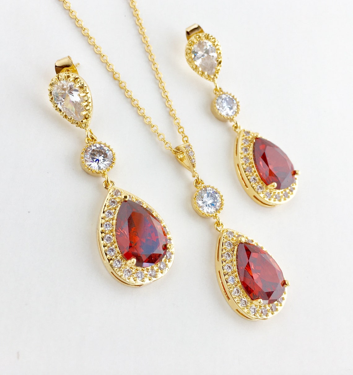 Red Crystal Gold Set Red Gold Cubic Zirconia Red Wedding Gold - Etsy