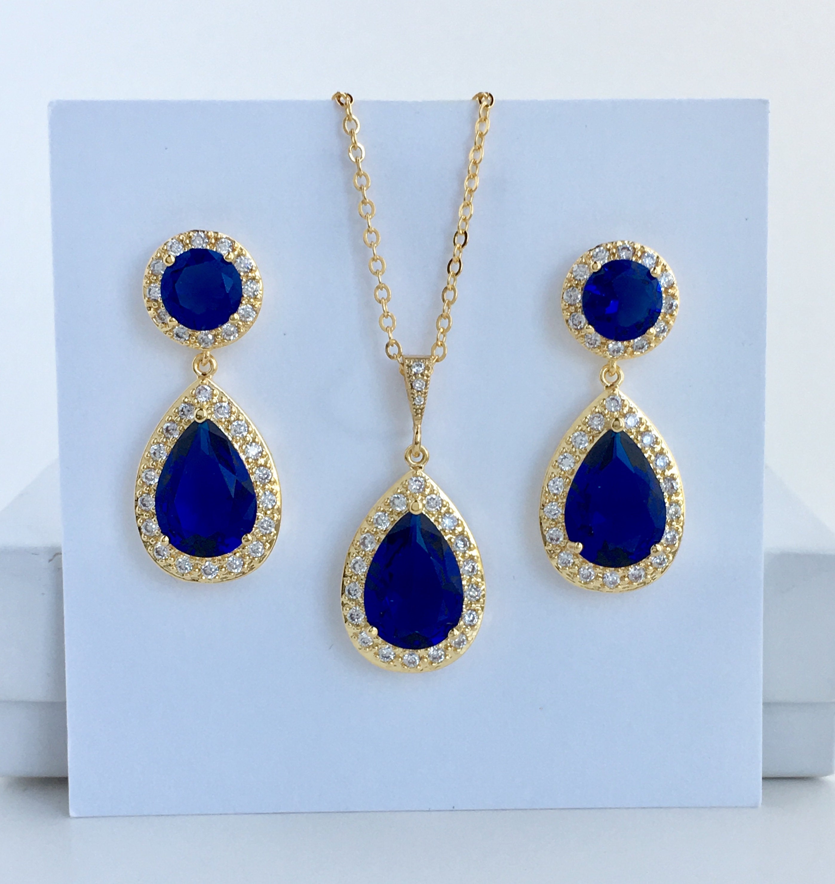 Blue Crystal Necklace Blue Cubic Zirconia Gold Wedding | Etsy