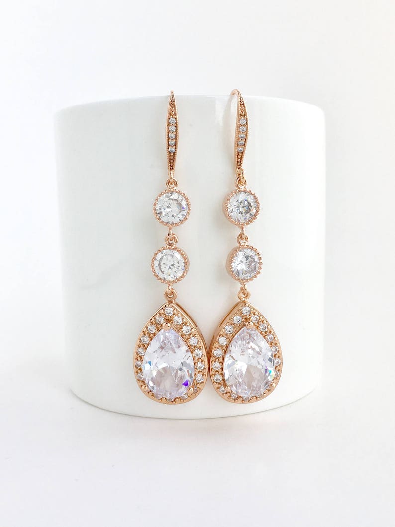 Long Rose Gold Bridal Set Long Rose Gold Zirconia Set Long Rose Gold ...