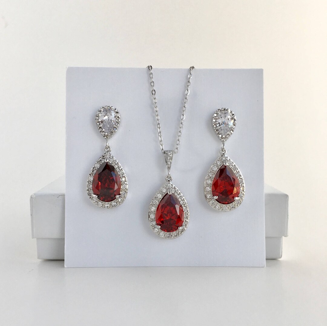 Ruby Red Bridal Jewelry Set Ruby Red Wedding Cubic Zirconia Set Red ...