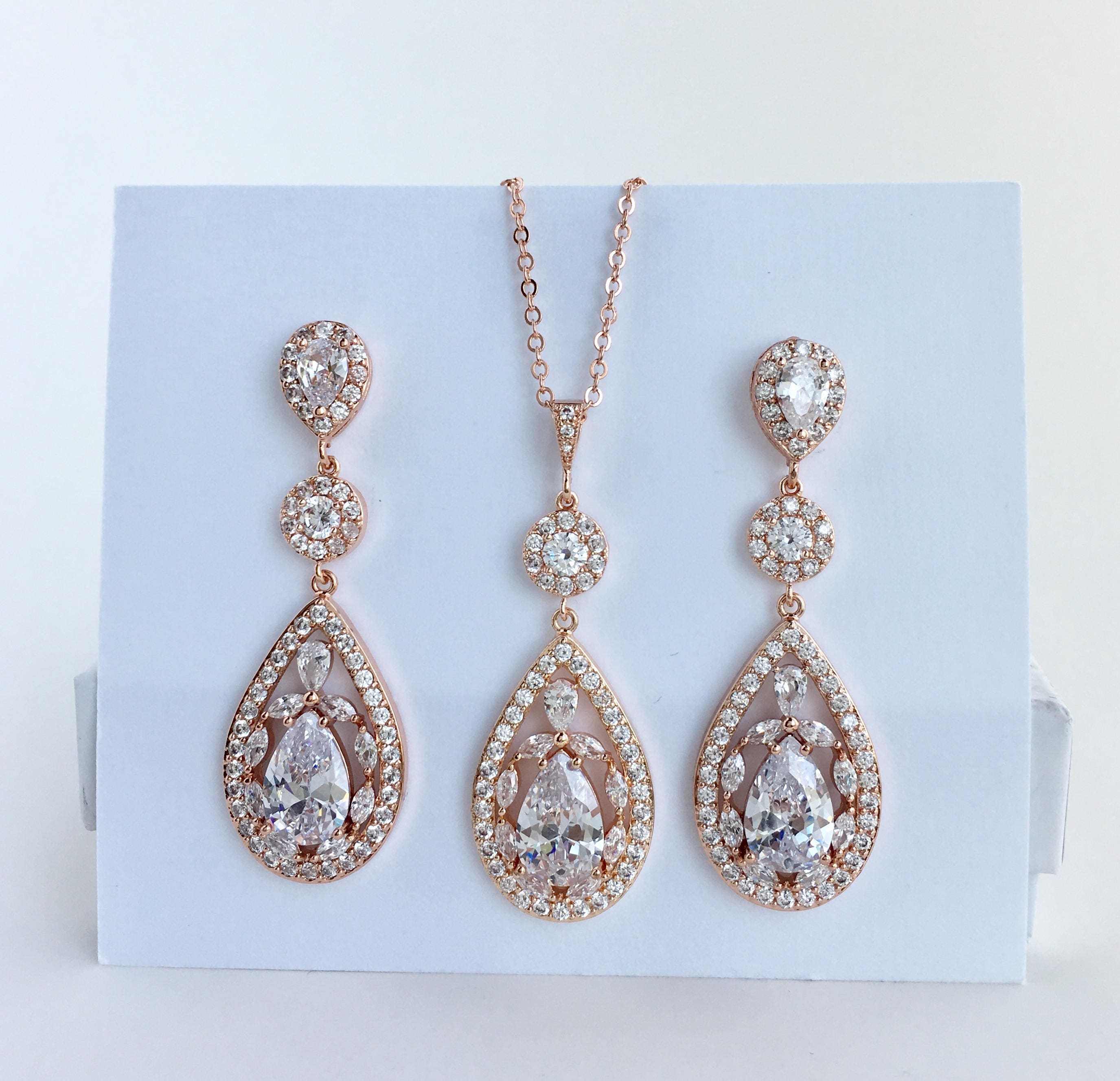 Rose Gold Crystal Set Long Rose Gold Teardrop Jewelry Set Rose Gold ...