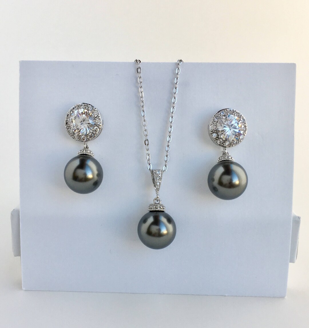 Dark Grey Pearl Bridal Jewelry Grey Crystal Set Grey Bridesmaid Jewelry ...
