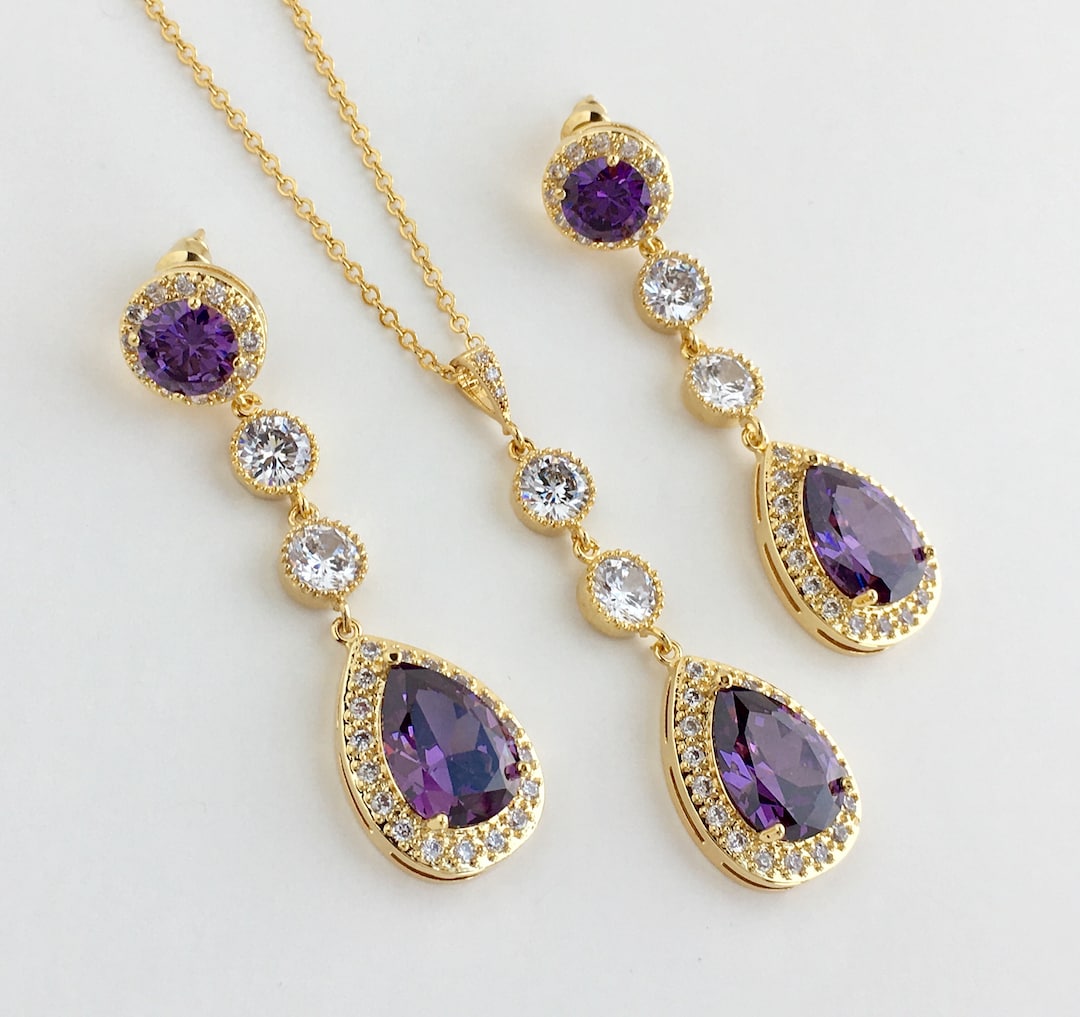 Long Purple Bridal Jewelry Set Purple Halo Gold Set Long Purple Wedding ...