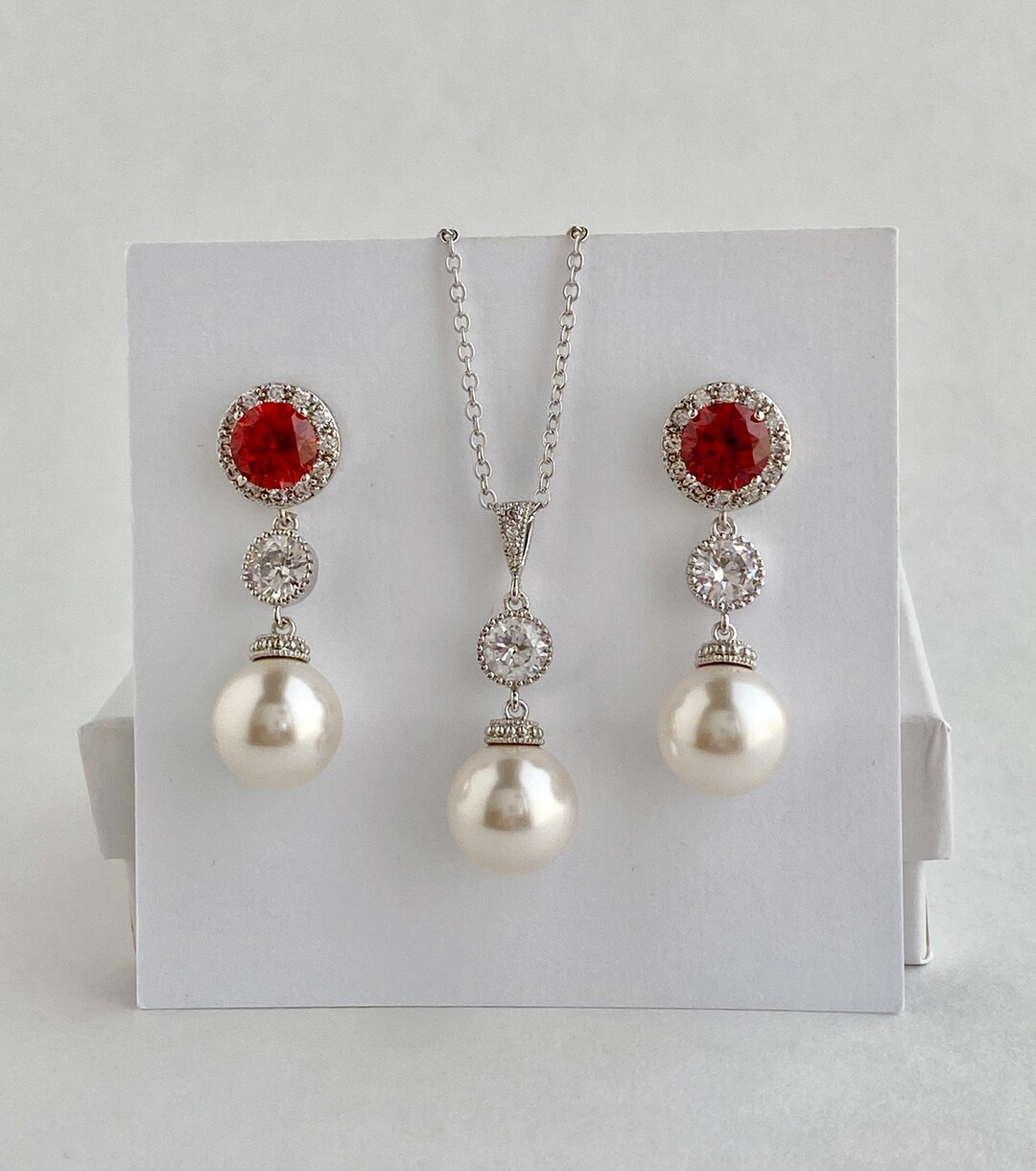Red Pearl Bridal Set Red Wedding Crystal Jewelry Set Red Cubic Zirconia ...