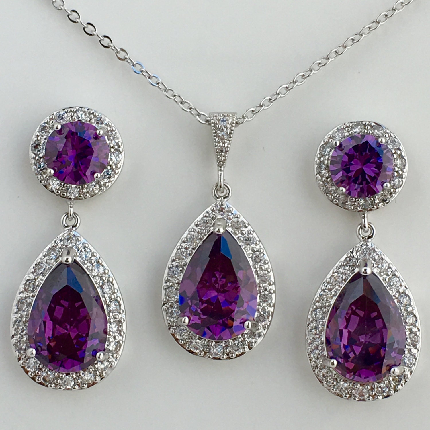Amethyst Bridal Jewelry Set Purple Crystal Wedding Set Halo Teardrop ...