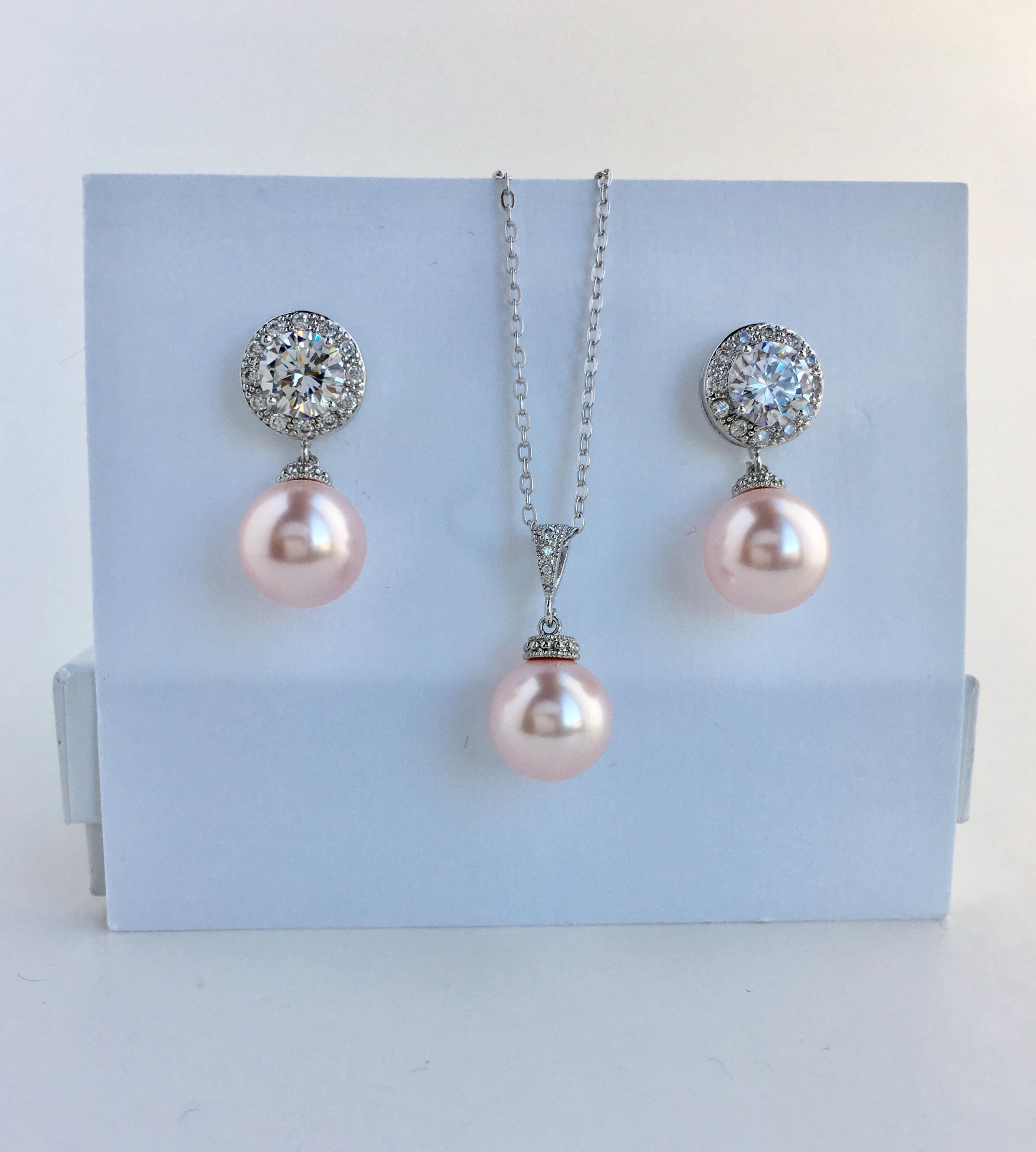 Pink Pearl Bridal Set Pink Crystal Bridal Jewelry Pink - Etsy