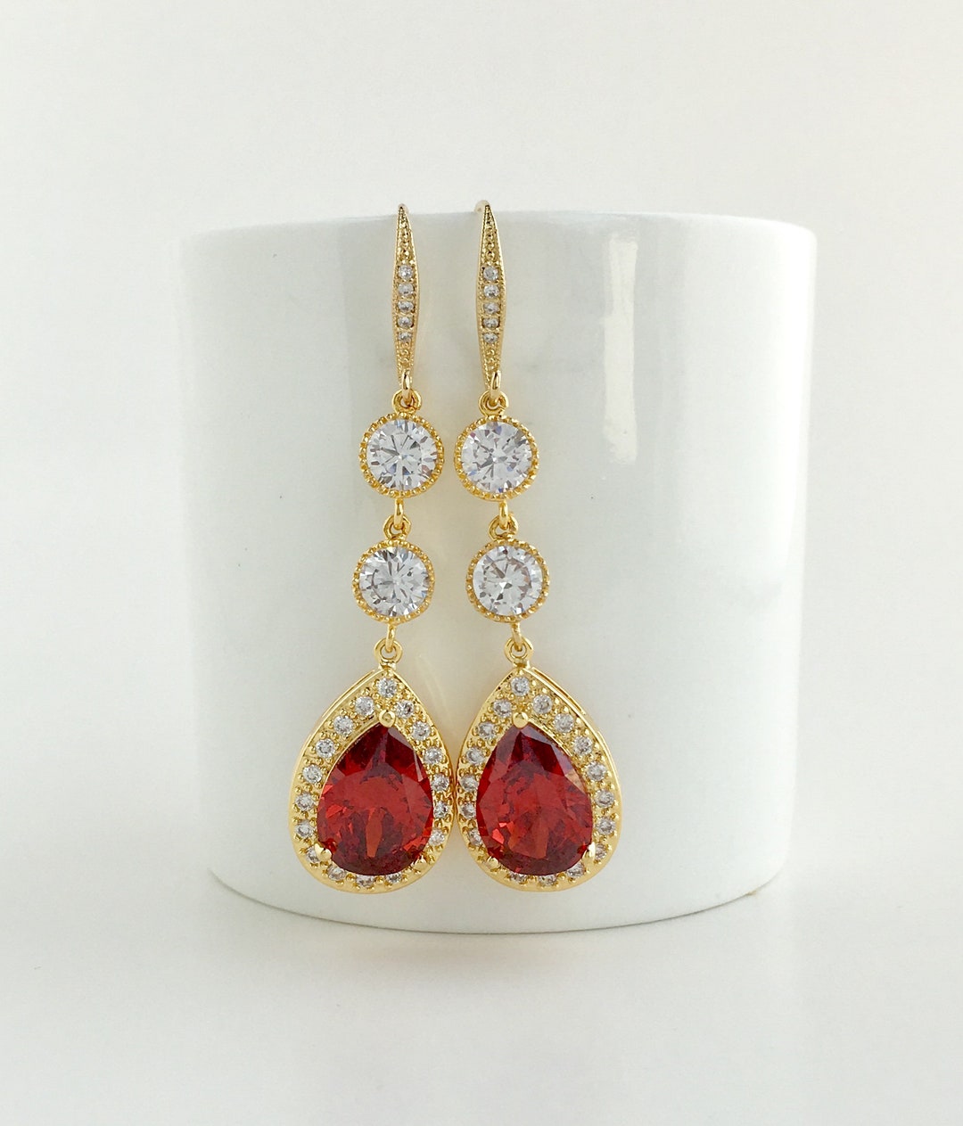 Red Long Gold Earrings Red Long Bridal Earrings Red Gold Teardrop ...