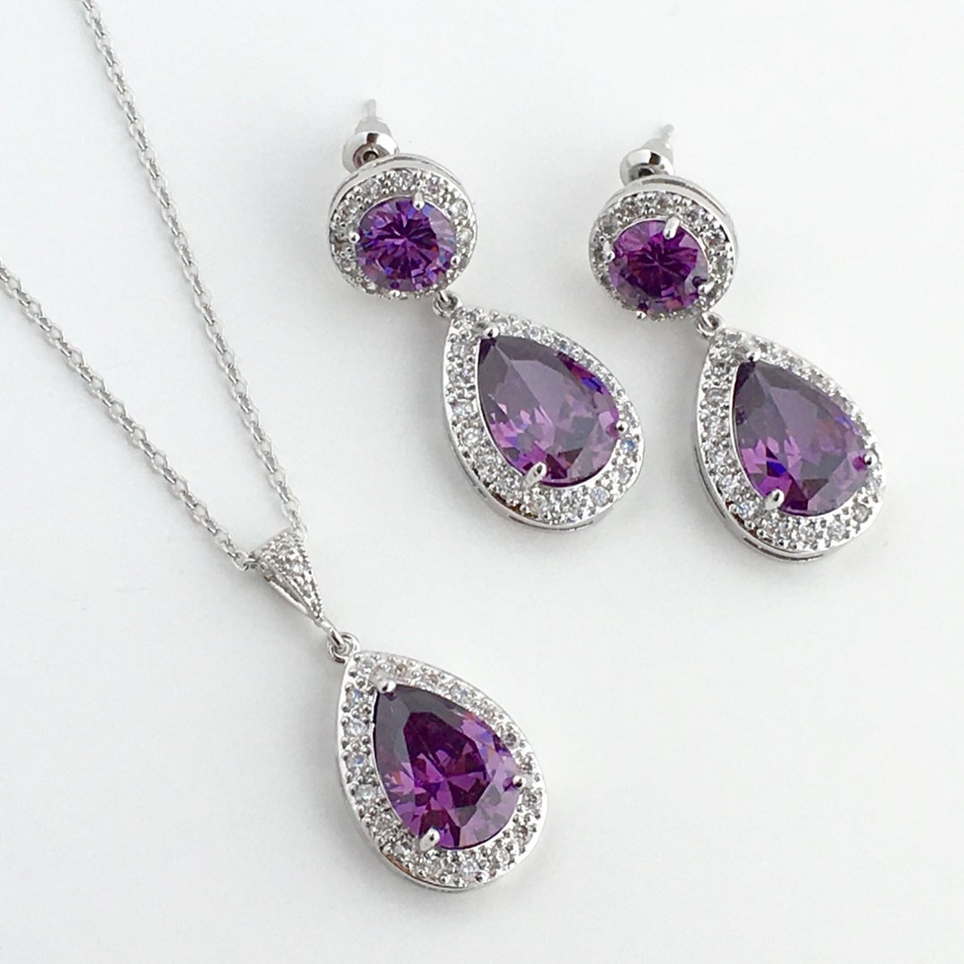 Amethyst Bridal Jewelry Set Purple Crystal Wedding Set Halo Teardrop ...