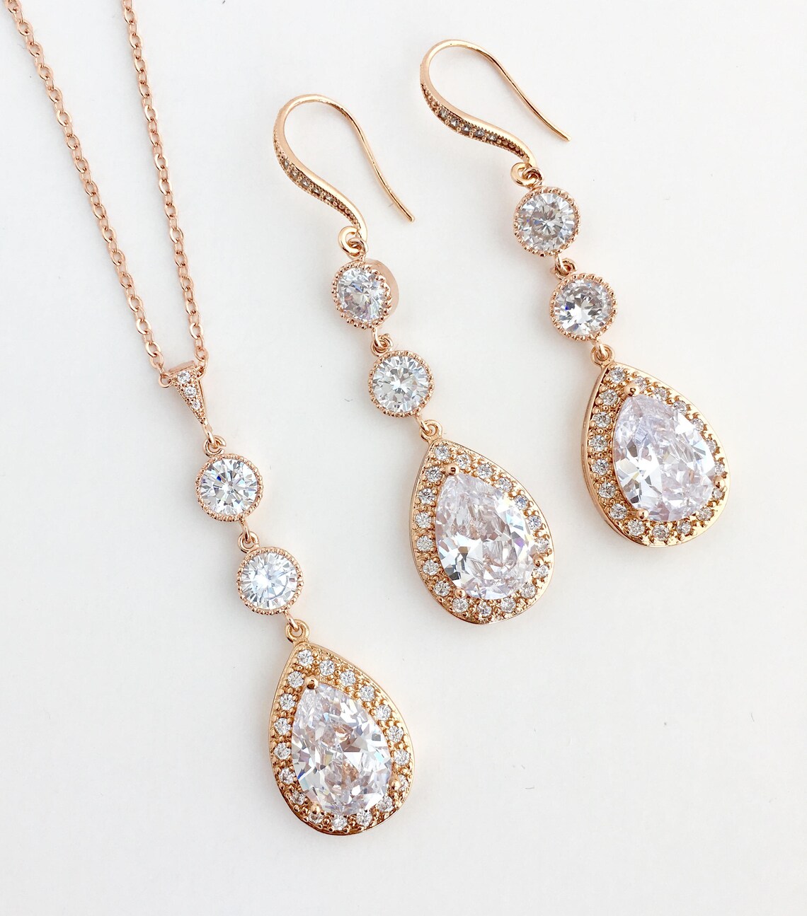 Long Rose Gold Bridal Set Long Rose Gold Zirconia Set Long Rose Gold ...