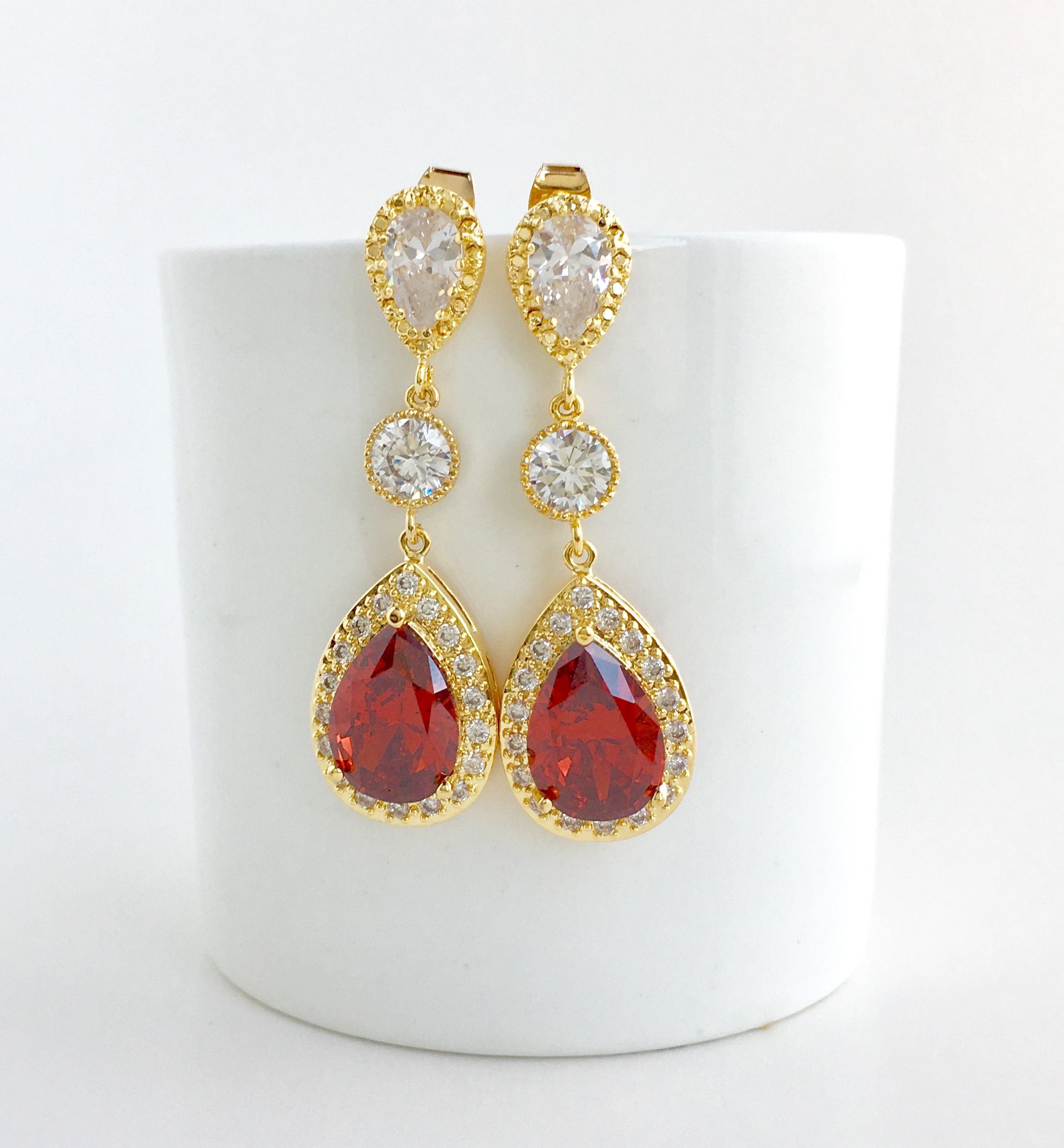 Red Bridal Gold Necklace Red Crystal Gold Necklace Ruby Gold Wedding ...