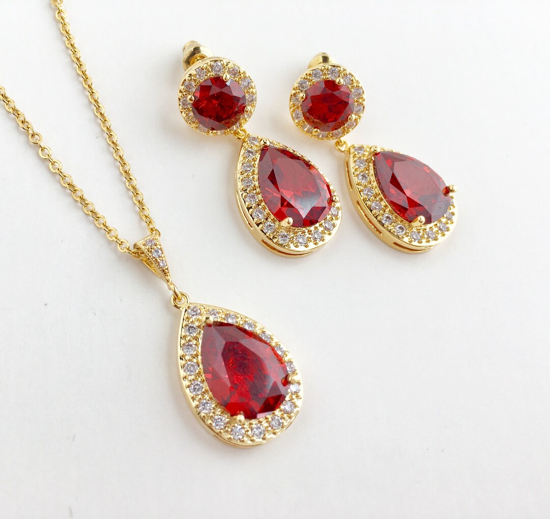 Gold Red Crystal Set Red Cubic Zirconia Set Red Bridal Gold Set Gold ...