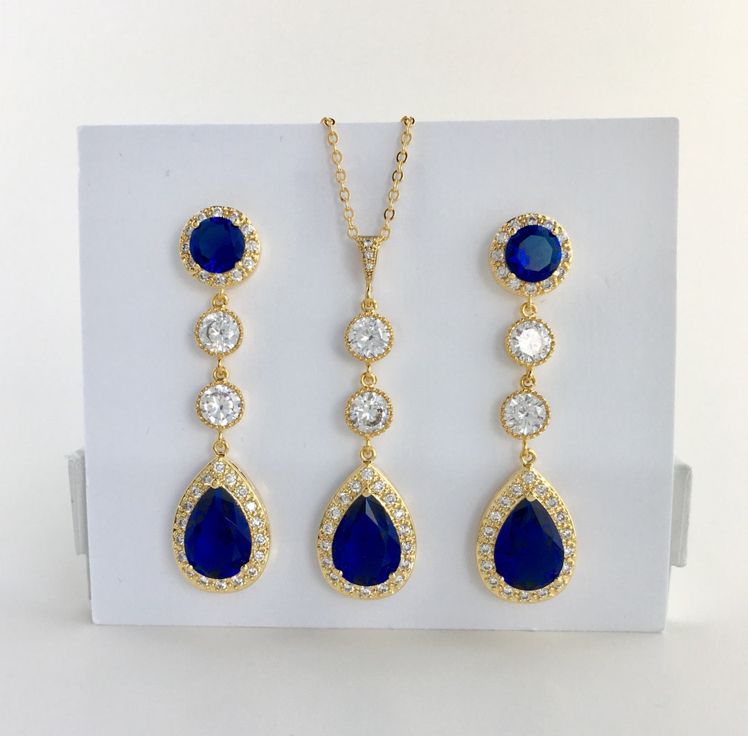 Long Blue Bridal Jewelry Set Blue Halo Gold CZ Set Long Blue Wedding ...