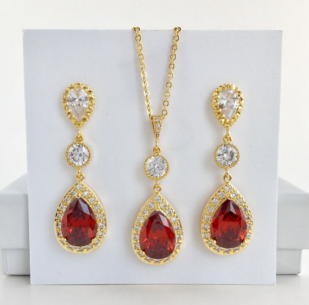 Red Crystal Gold Set Red Gold Cubic Zirconia Red Wedding Gold Jewelry ...