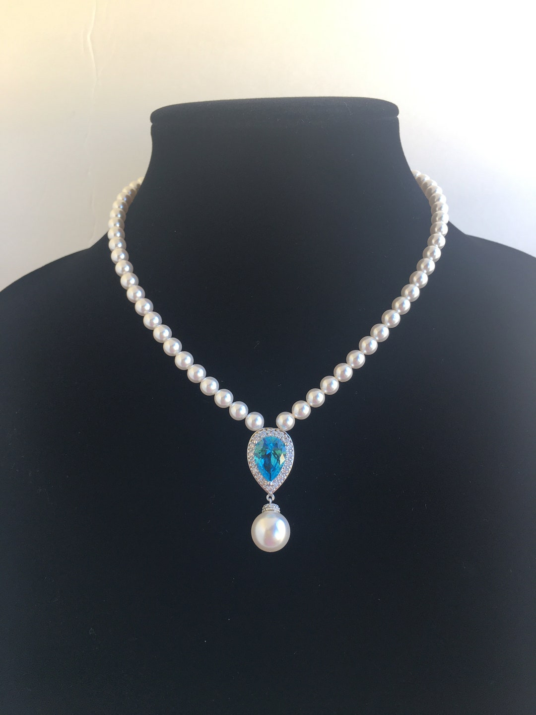Aqua Blue Crystal Pearl Necklace Aqua Cubic Zirconia Bridal Backdrop ...
