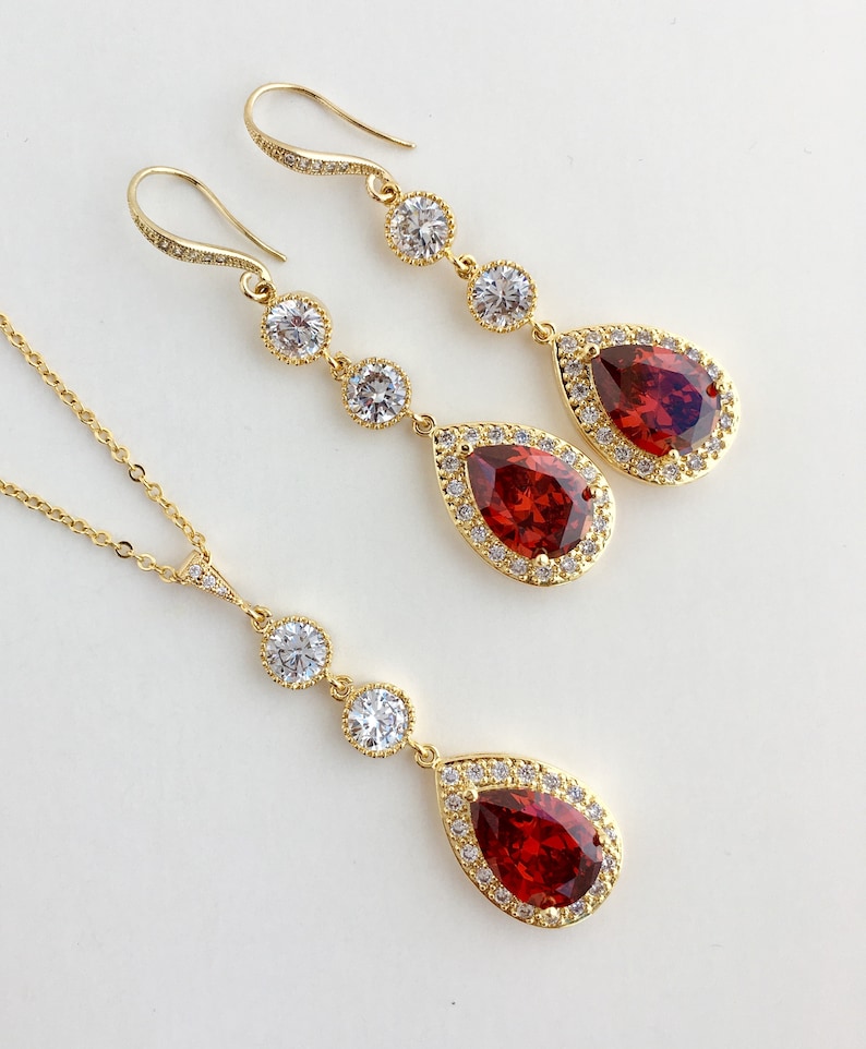Red Long Gold Bridal Set Ruby Crystal Gold Jewelry Red Gold | Etsy