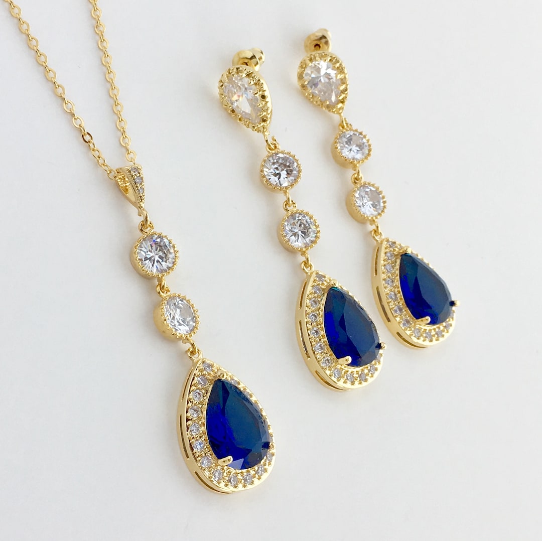Long Blue Gold Bridal Set Blue Gold Wedding Jewelry Set Blue Crystal ...