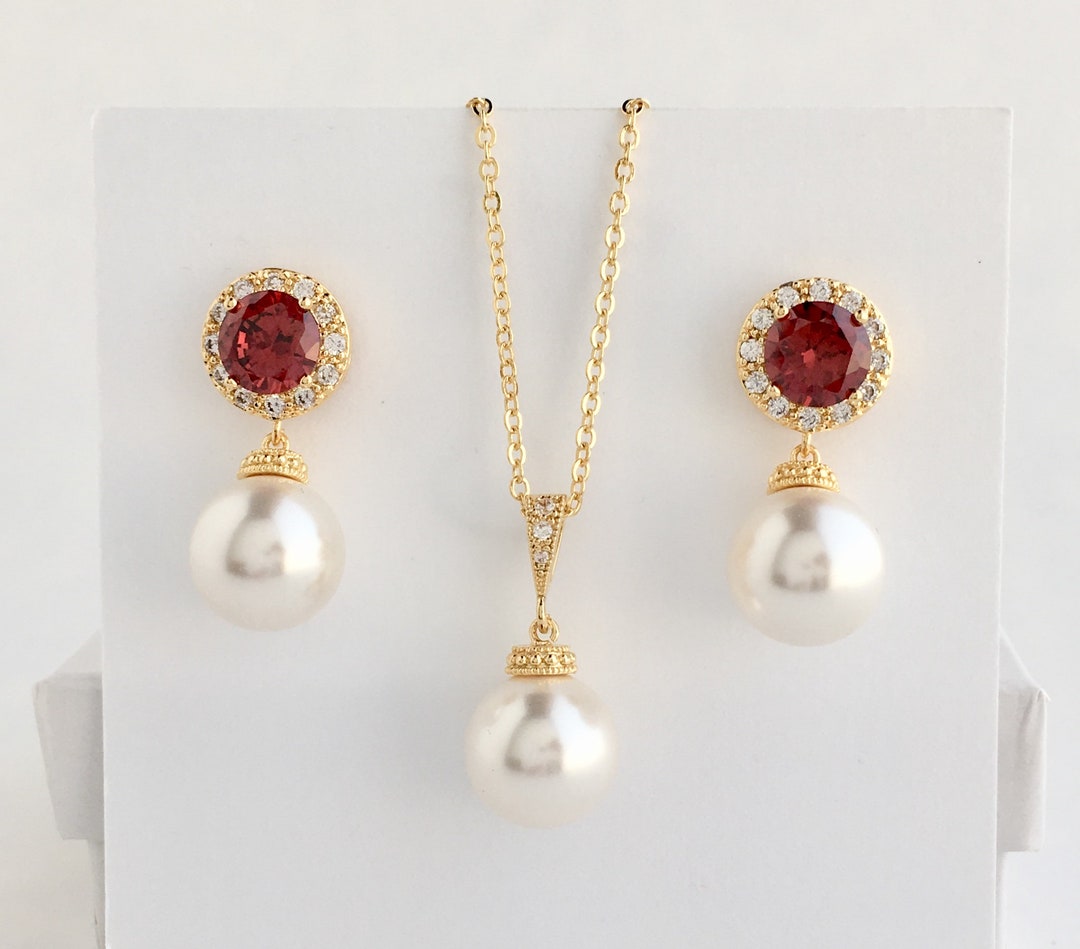 Gold Pearl Bridal Ruby Wedding Crystal Set Gold Cubic Zirconia Ruby ...