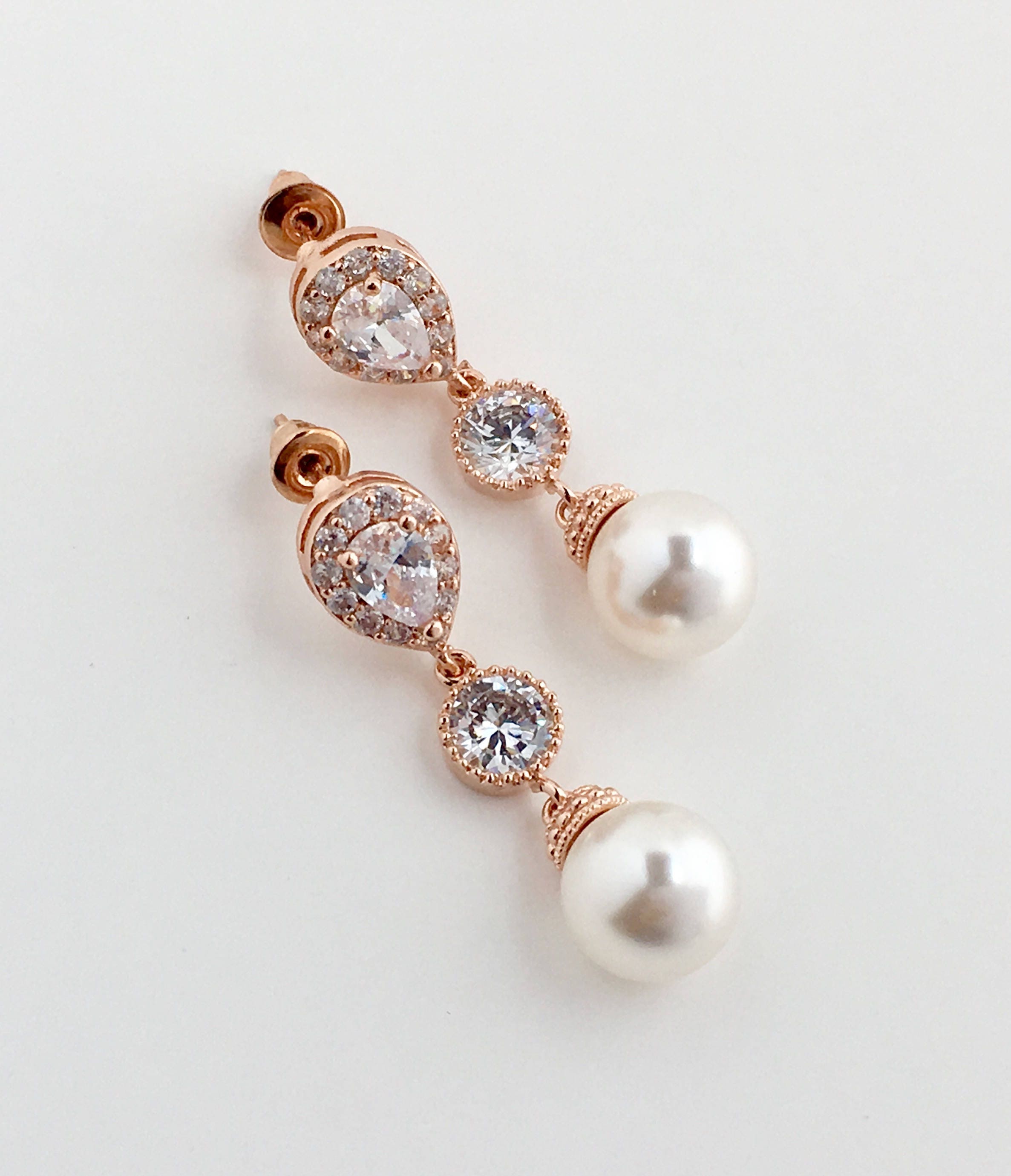 Rose Gold Tone Pearl and Crystal Bridal Drop Earrings Wedding | Etsy