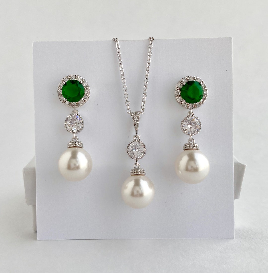 Green Pearl Bridal Set Green Wedding Crystal Jewelry Set Green Cubic ...