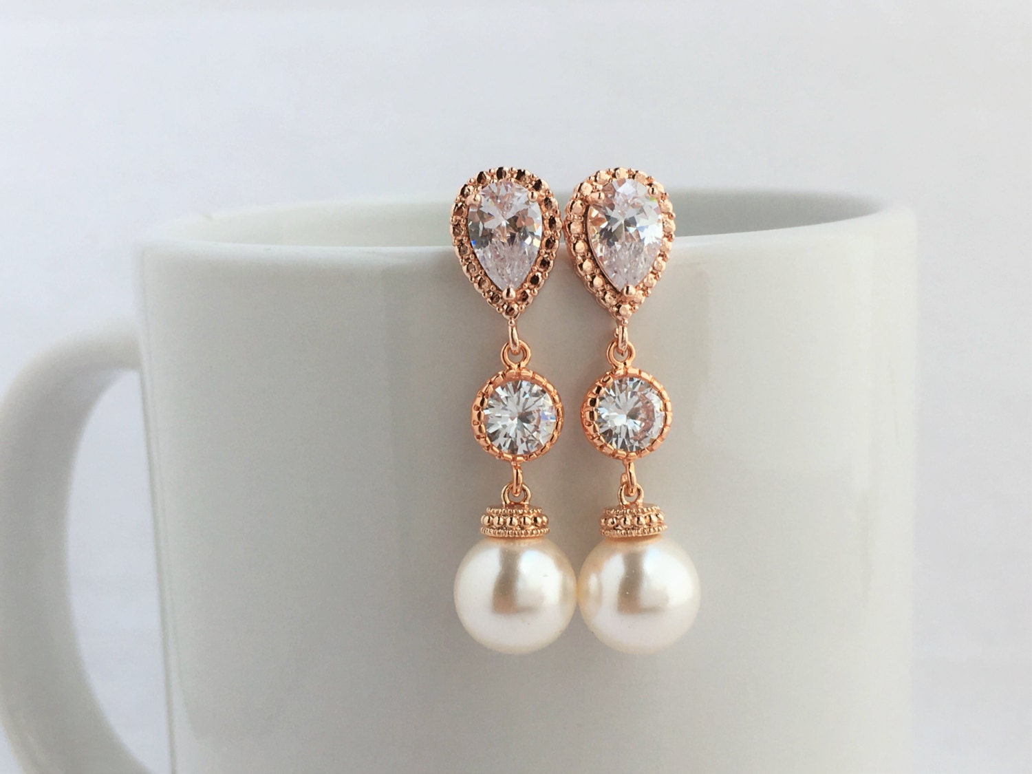 Rose Gold Tone Pearl and Crystal Bridal Drop Earrings Wedding | Etsy