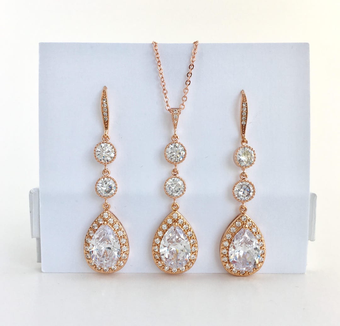 Long Rose Gold Bridal Set Long Rose Gold Zirconia Set Long Rose Gold ...