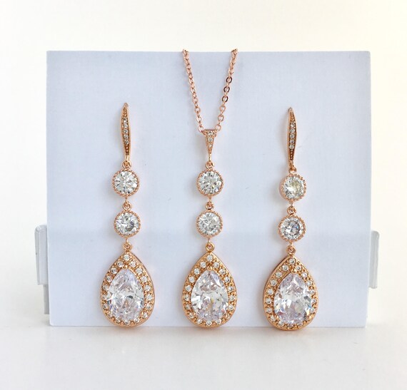 Long Rose Gold Bridal Set Long Rose Gold Zirconia Set Long | Etsy