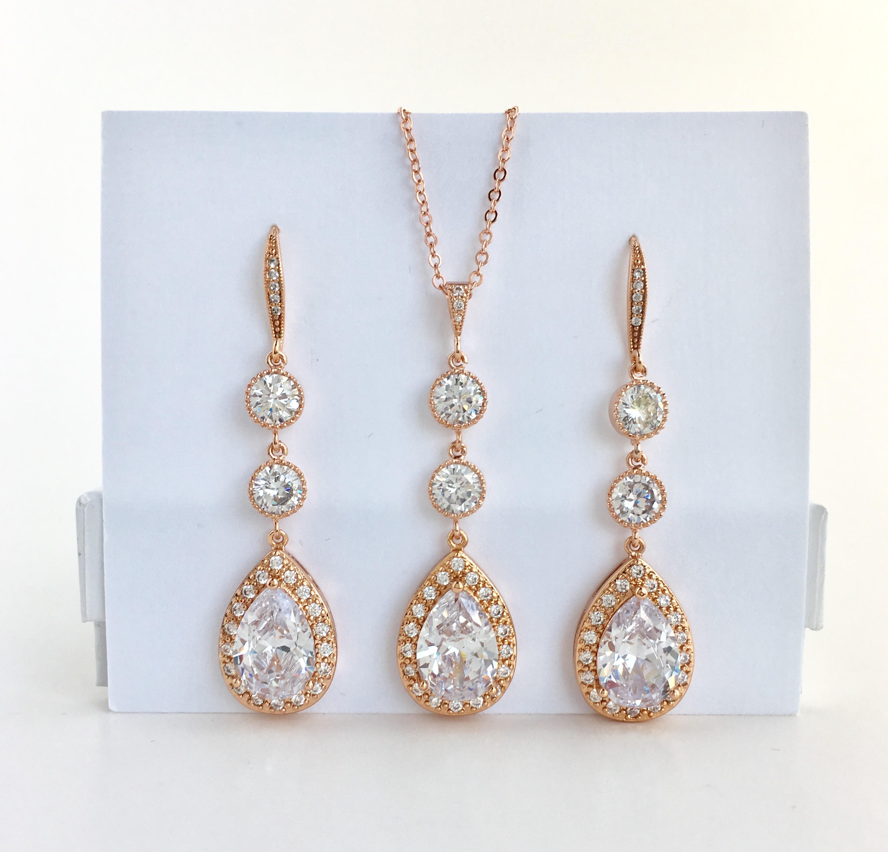 Long Rose Gold Bridal Set Long Rose Gold Zirconia Set Long Rose Gold ...