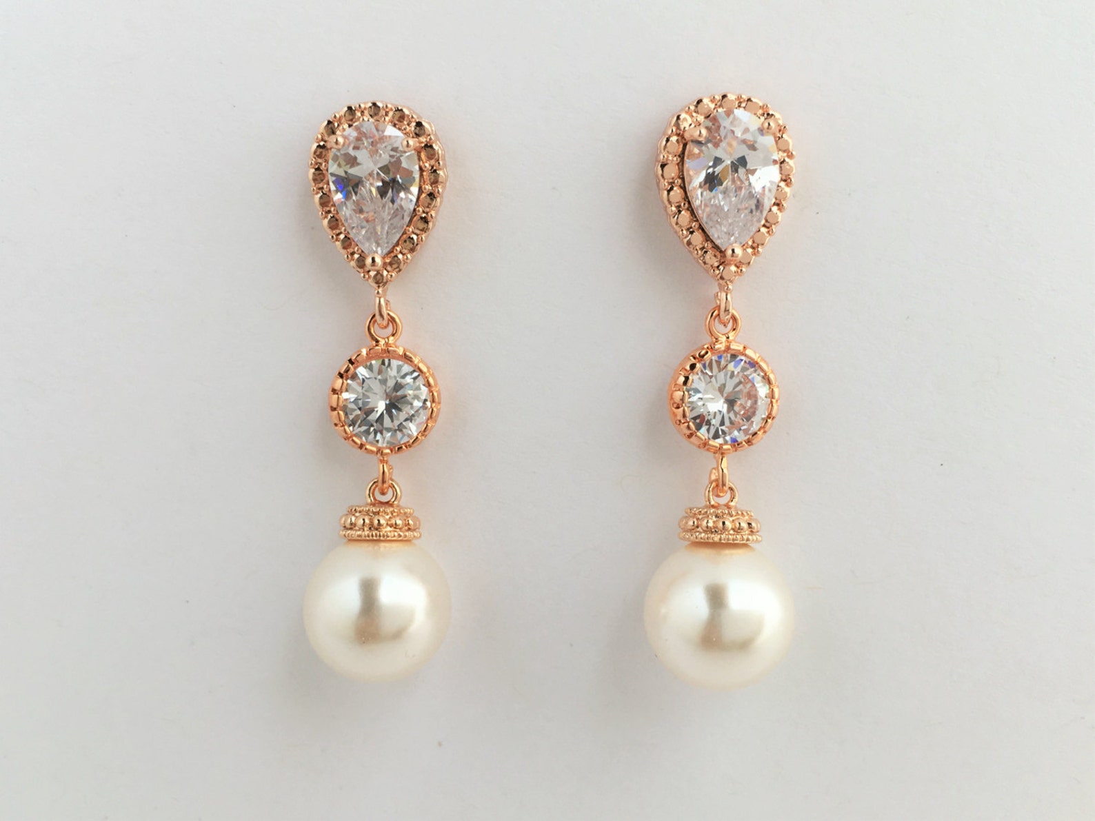 Rose Gold Tone Pearl and Crystal Bridal Drop Earrings Wedding | Etsy