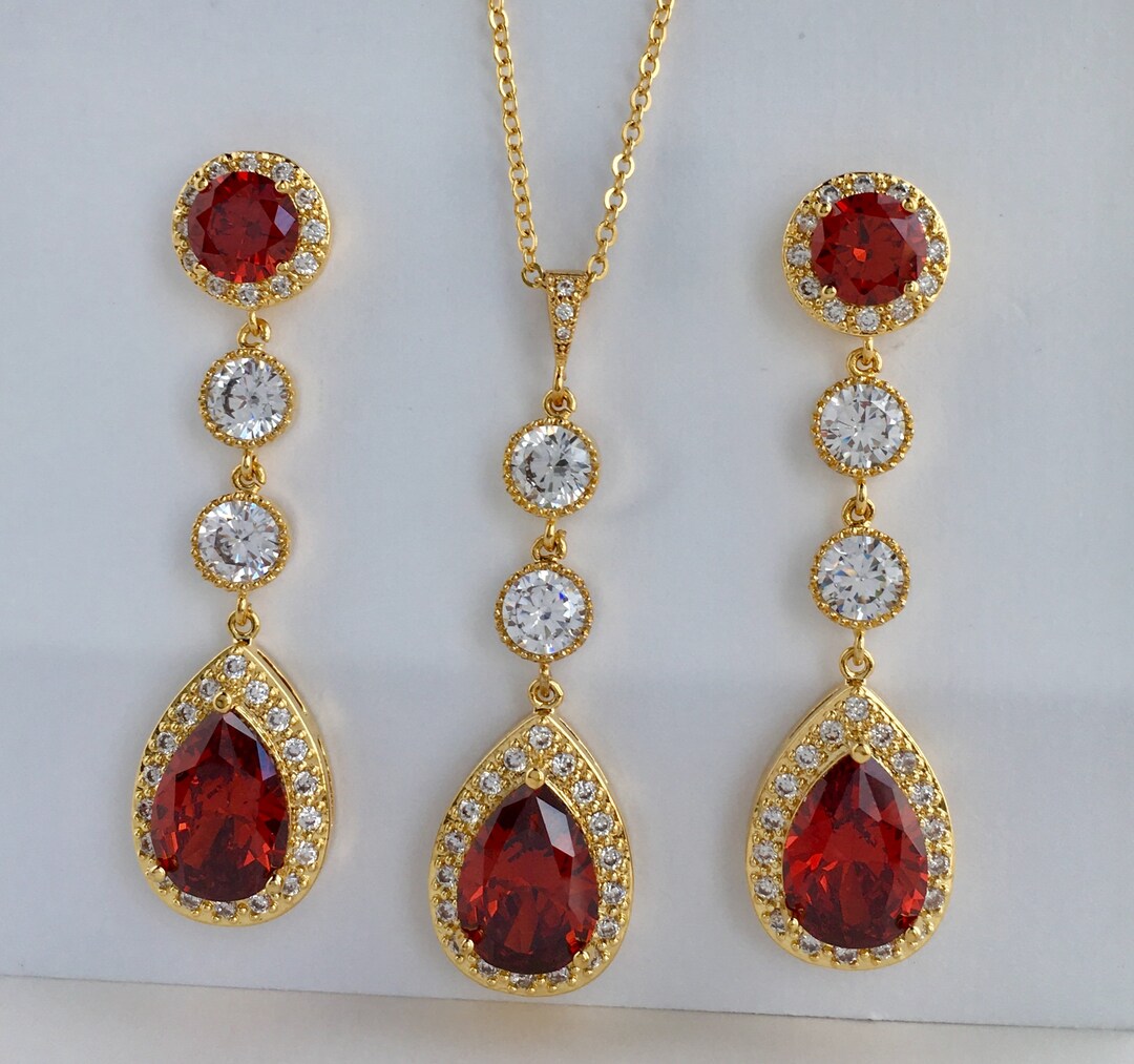 Long Red Bridal Jewelry Set Red Halo Gold Crystal Set Long Red Wedding ...
