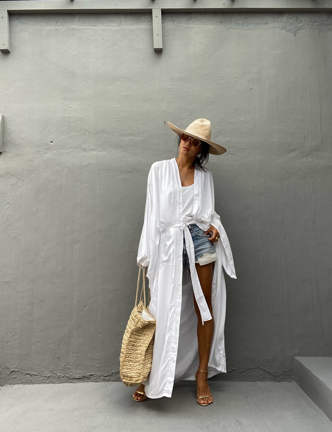Lkb35/vanilla White Oversized Length Long Kimono, Robe, Summer,unisex ...