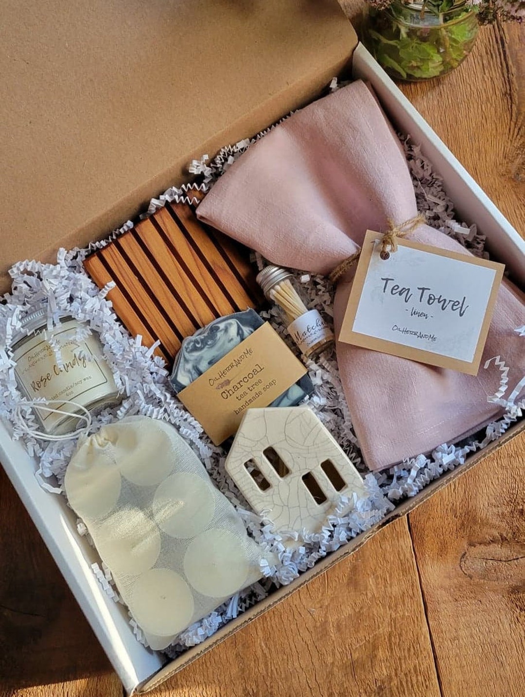 House Warming Gift Box, Ceramic Tea Light Holder, Wooden Soap Dish ...