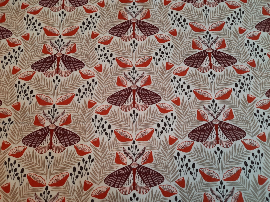 Roam Moth Fabric, Art Deco Moths, Poppies, and Mushrooms on Ivory, All ...