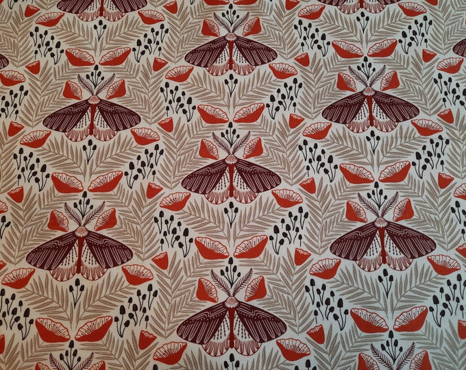Roam Moth Fabric, Art Deco Moths, Poppies, and Mushrooms on Ivory, All ...