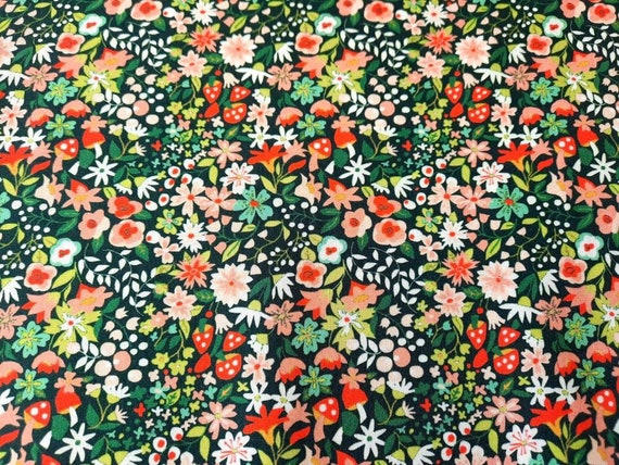 Woodland Forest Emerald Poplin Tiny Flowers and Mushrooms - Etsy