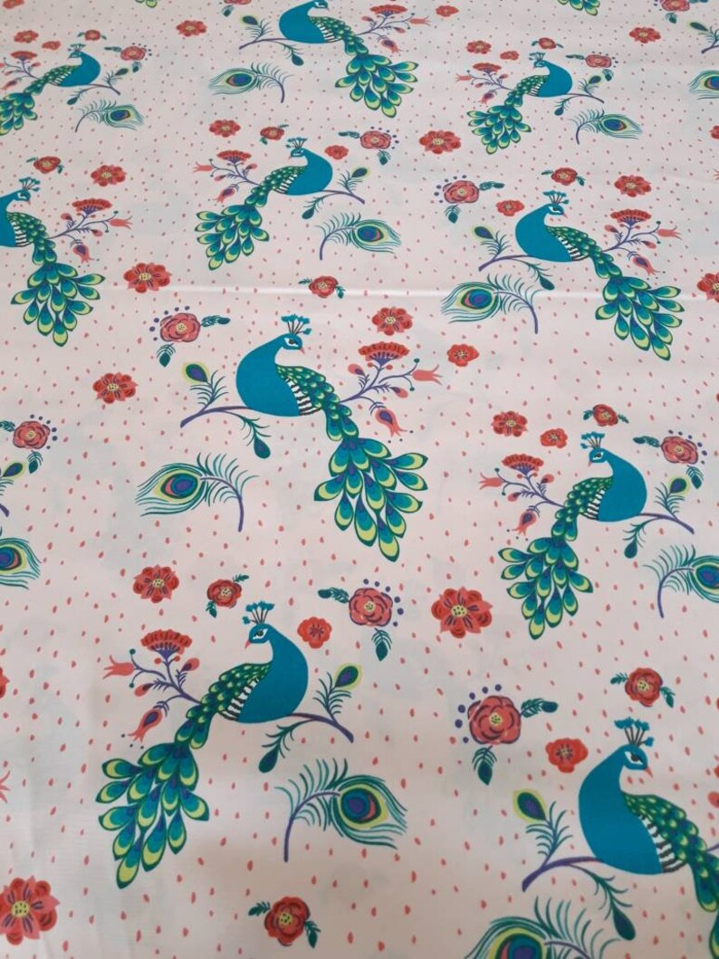 Pretty Peacock Fabric, Turquoise Peacocks on Pink. Organic Cotton ...