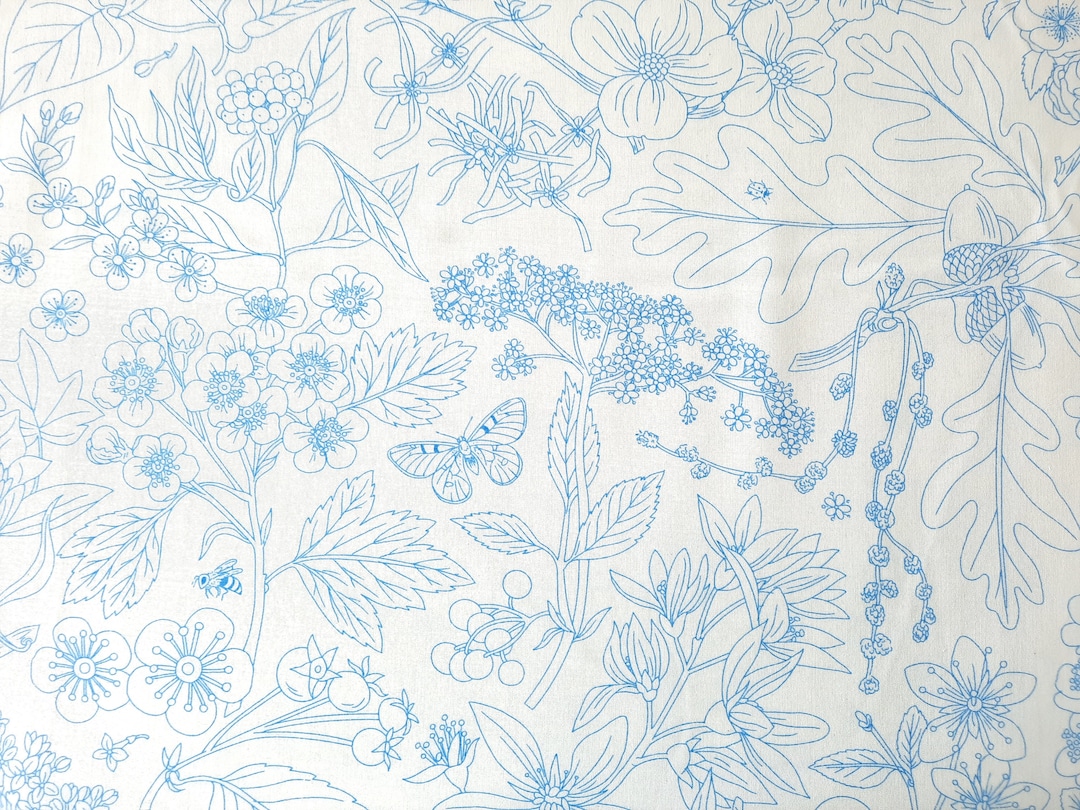 Line Art Porcelain Organic Cotton Poplin Fabric, Flowering Trees, Birch ...