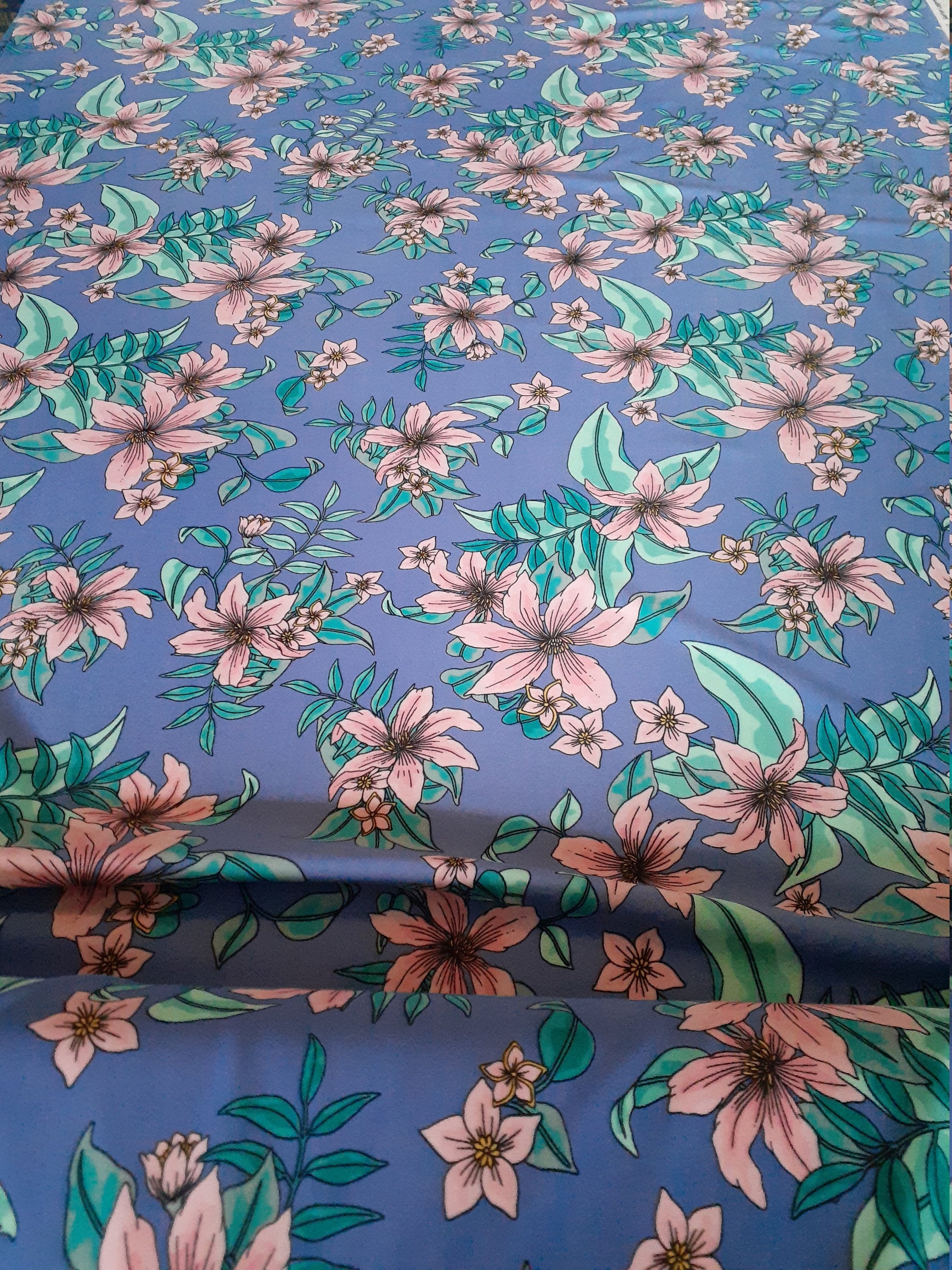 Periwinkle Blue With Pink Tropical Floral Swimsuit Activewear Fabric ...