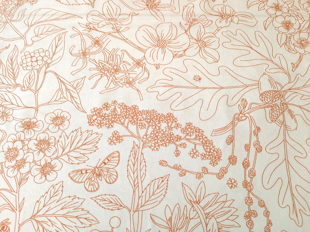 Line Art Cream, Organic Cotton Poplin Fabric, Flowering Trees, Birch ...