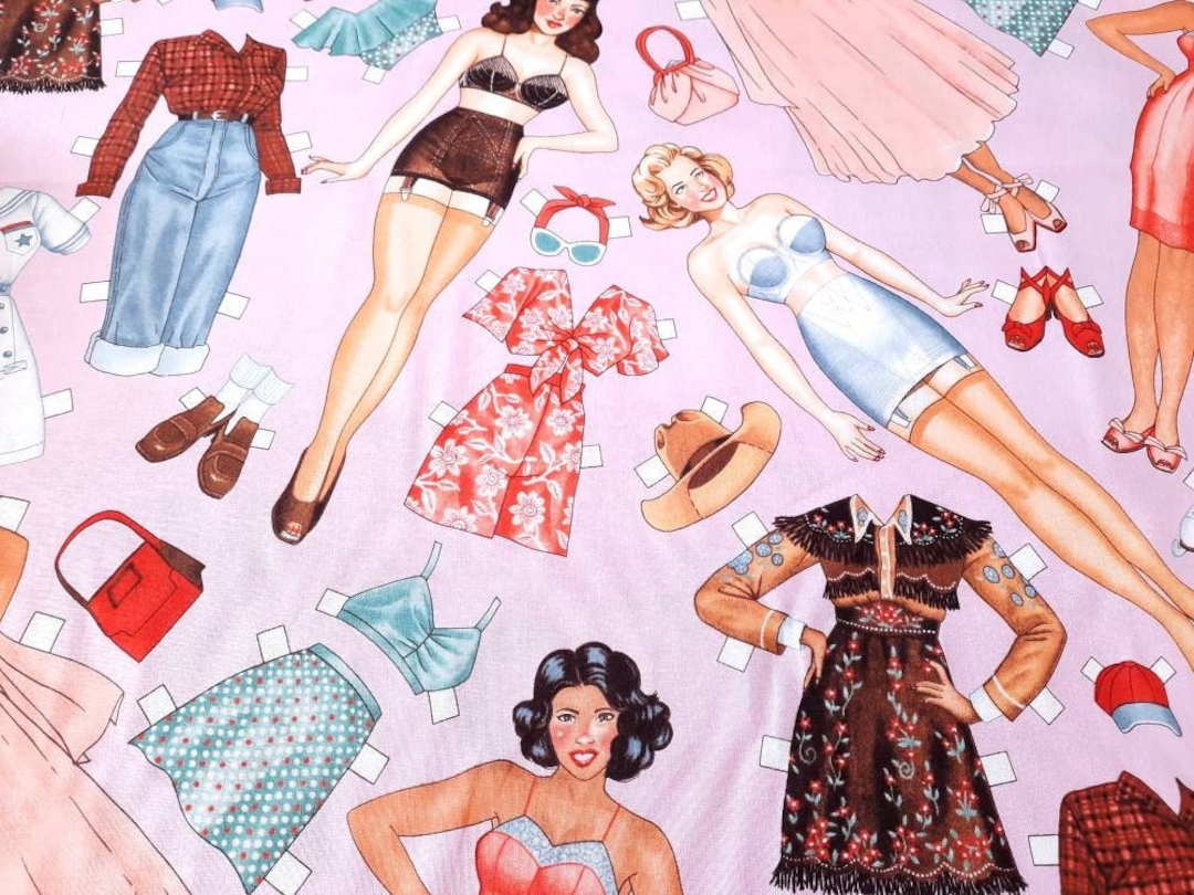 Paper Pin-ups Pink Fabric, Paper Doll Fabric, Pin up Girls, Retro 1940s ...