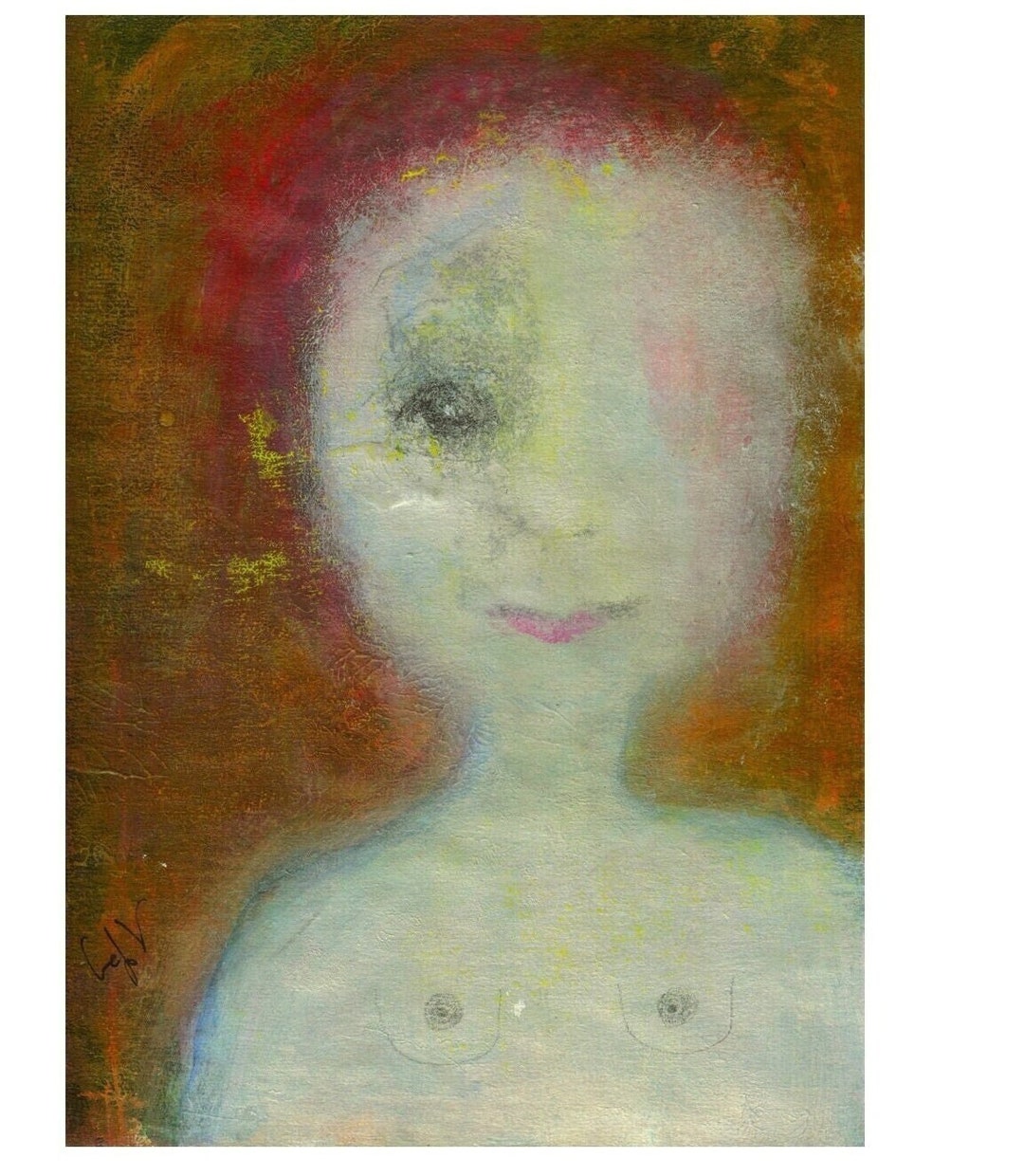 One-eyed Face, Odd Nude Portrait, Surreal Fairy, Original White Yellow ...