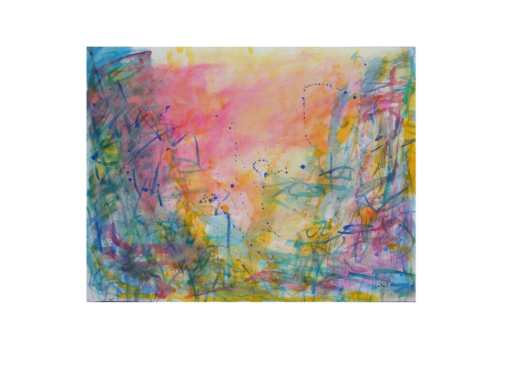 Joyful Abstract Painting, Original Artwork, Blue Pink Yellow, Colorful ...