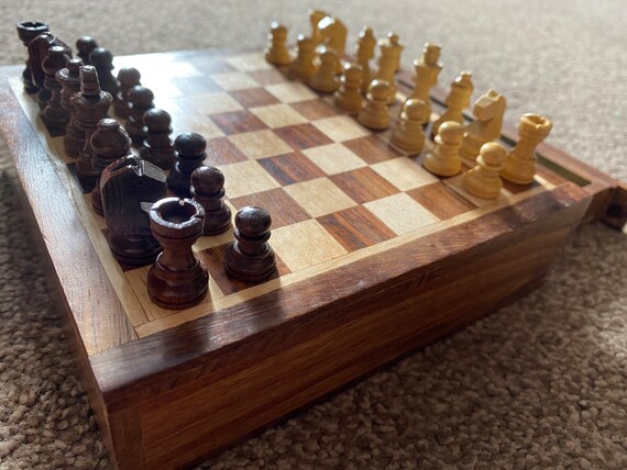 Vintage Small Wooden Travel Chess Set With Drawer 15.5cm X - Etsy