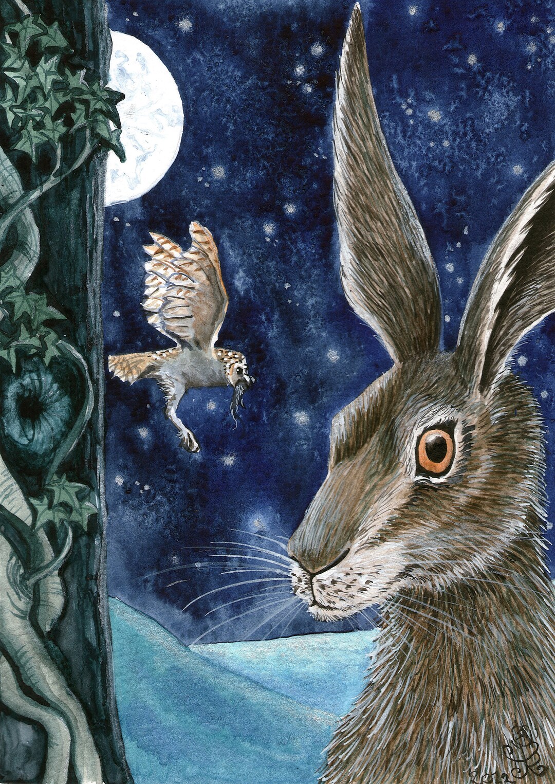 Hare and Owl, A3/4/5 Signed Art Print Magical Landscape, Matlock the ...