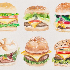 6 Watercolor Burgers Food Clipart, Burger Clipart, Watercolor Burger ...