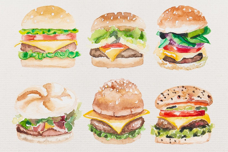 6 Watercolor Burgers Food Clipart, Burger Clipart, Watercolor Burger ...