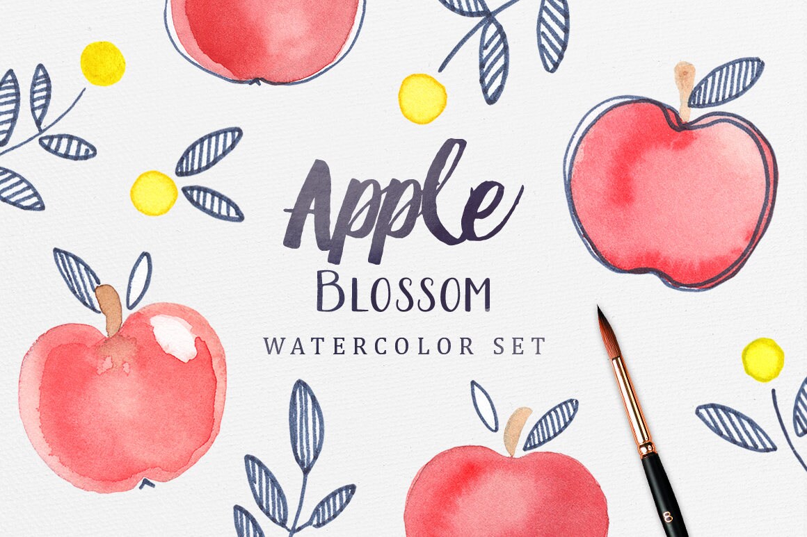 Apple Blossom Watercolor Set Apple Clip Art, Digital File, Fruit ...